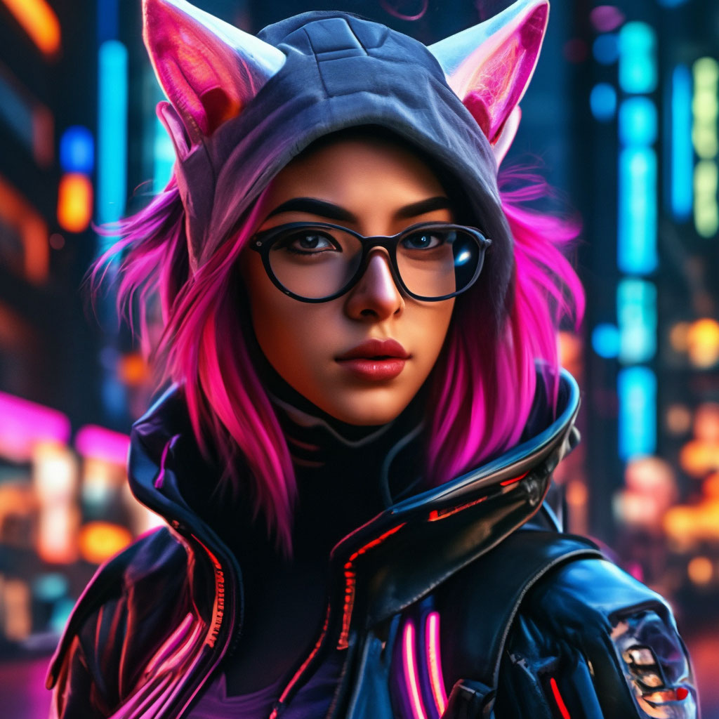 "Neon Lynx, cyberpunk with glasses" — image created in Shedevrum