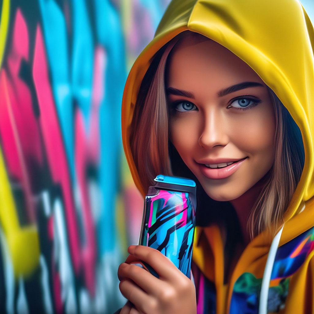 "A beautiful girl in a tracksuit and a hood, draws graffiti on the wall ...