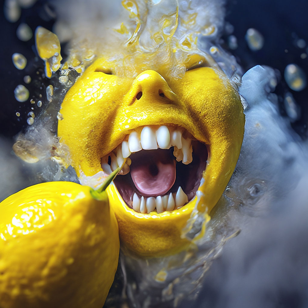 "Lemon Hyperrealism, psychedelic, scary caricature, hypertrophied, big ...