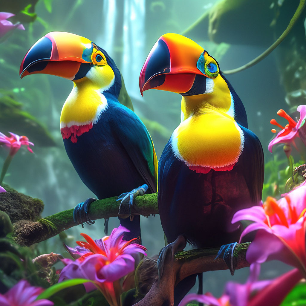 "Two toucan birds in a Jungle with lily flowers by greg rutkowski and ...