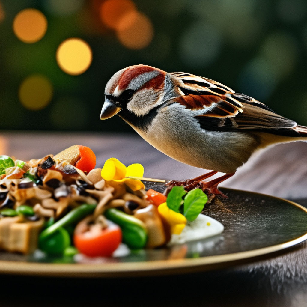 "A sparrow steals an appetizing lunch, a dish from the chef, foodart ...