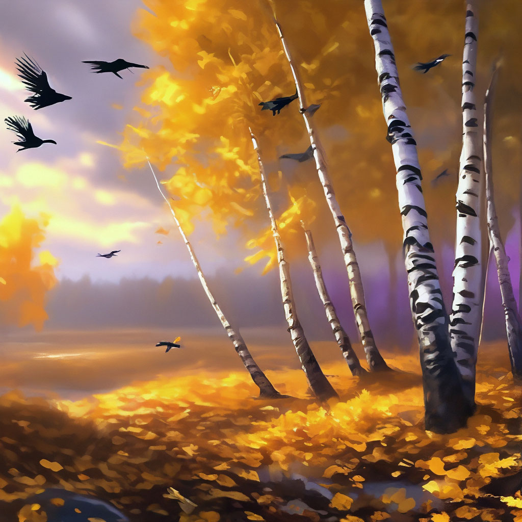 "Realism, Birch grove, Crows flying, circling over the trees, warm ...