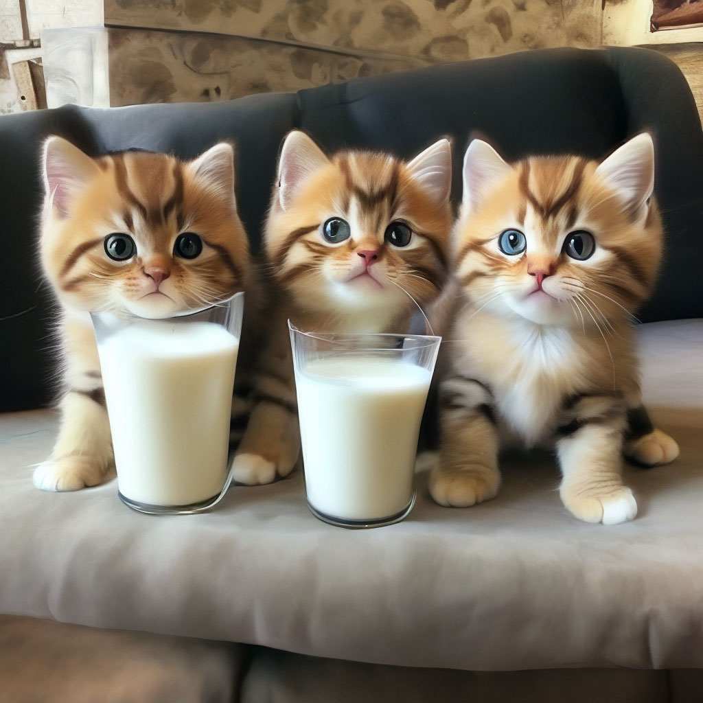 "Lunch time cute kittens drink milk with an appetite that flies in all ...