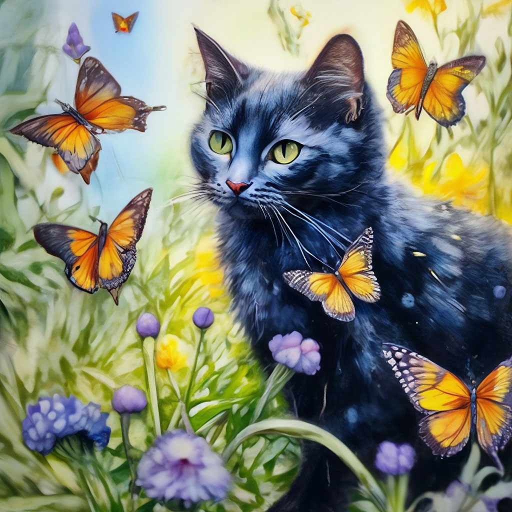 "Super realistic, high quality, cat catches butterflies, yard, sunny ...