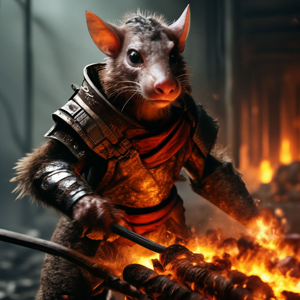 "A scary kobold miner with a kyle behind his back and in leather armor ...
