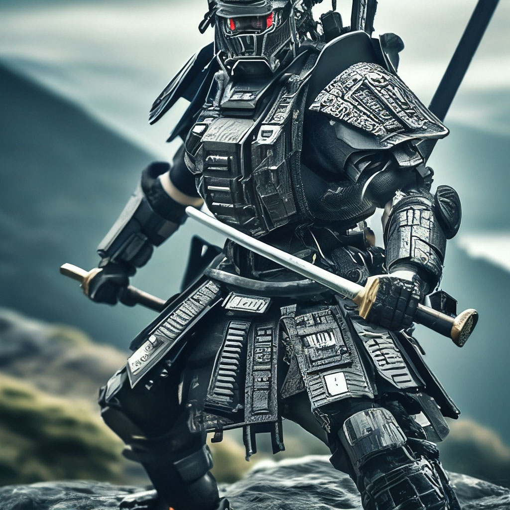 "Samurai-cyborg in a fighting stance,gloomy landscape,dynamic frame ...