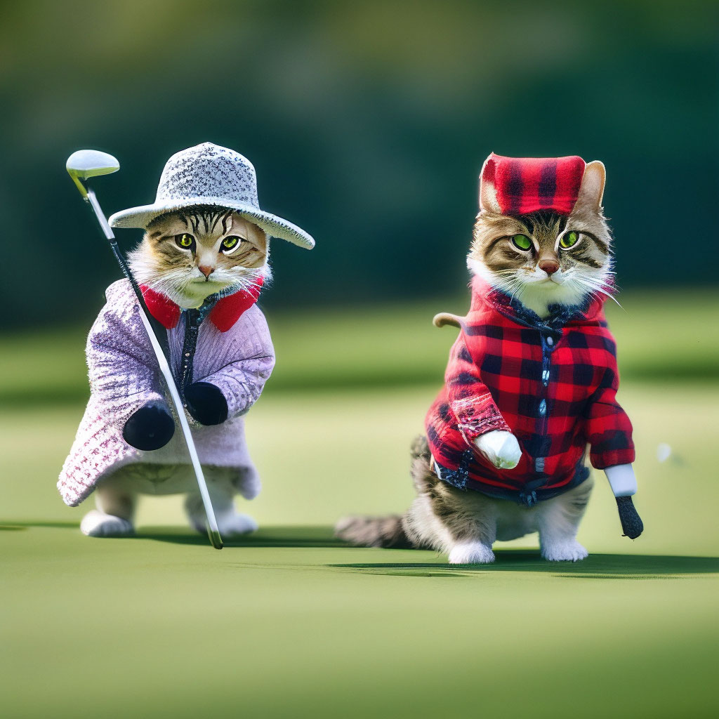 "Two cats playing golf,dressed in a plaid sweater and caps,32K,detailed ...
