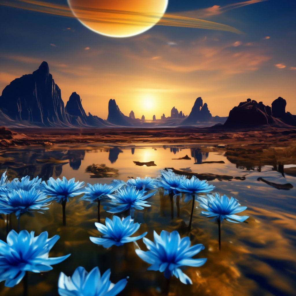 "Landscape, a planet where unusual blue flowers grow on yellow water ...