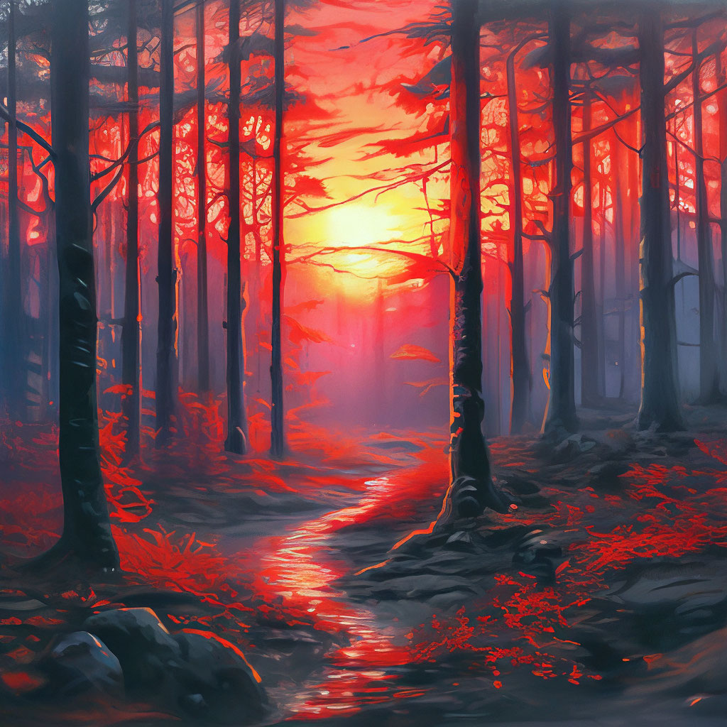 "Red sunset in the forest" — image created in Shedevrum