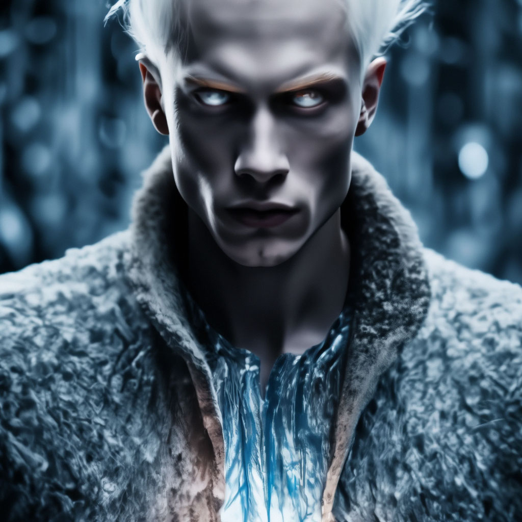 "👾 An albino man with burning white eyes, cold grows from his arms and ...