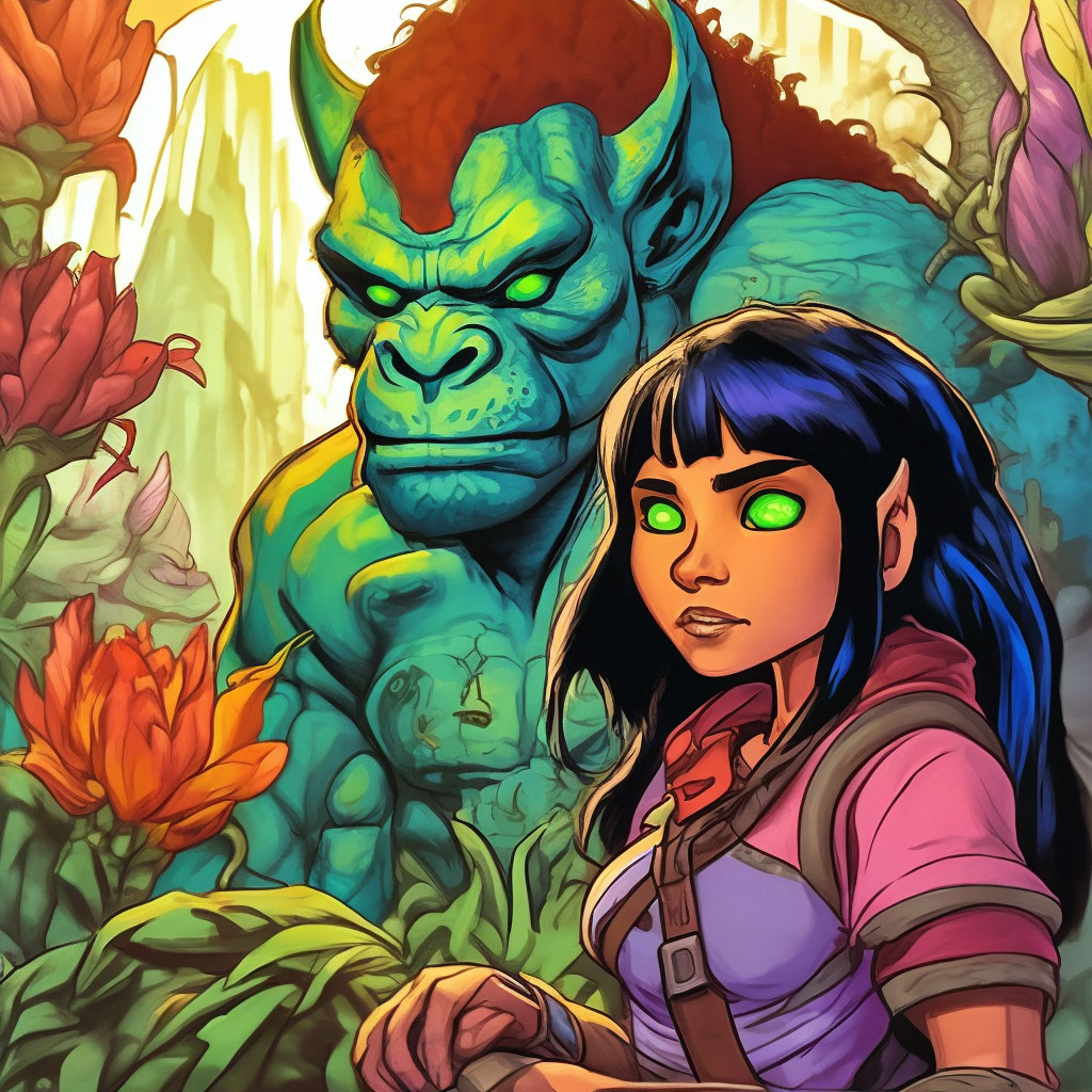 "Dora the explorer with orc in warcraft, comics, botanical, art book ...