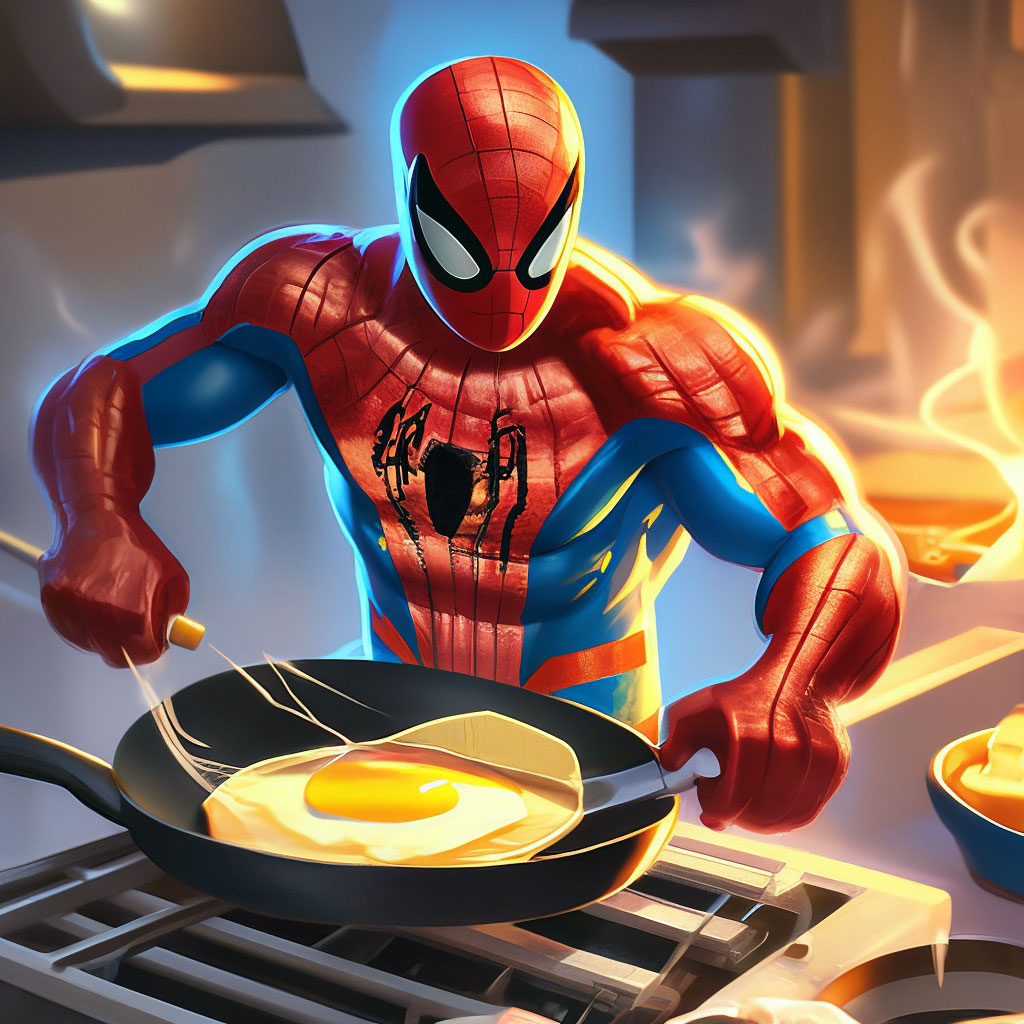 "Spider-man with a frying pan, cooking pancakes" — image created in ...