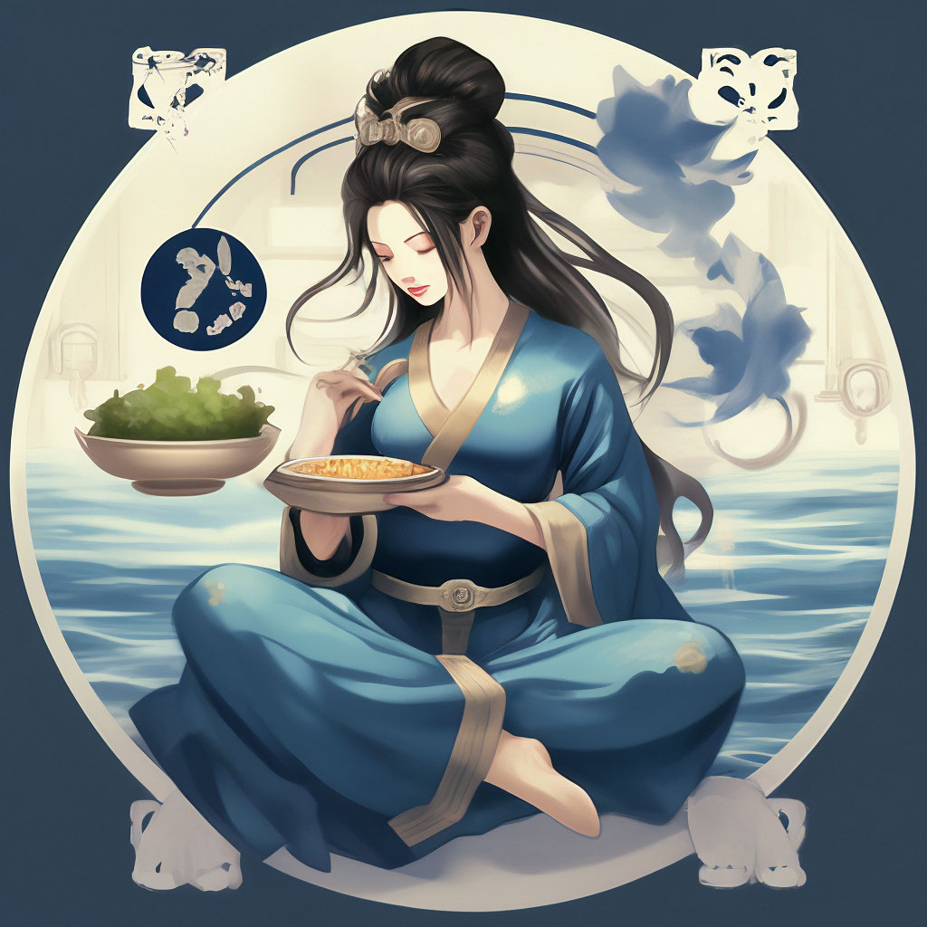 "Yin Yang girl sitting hair like water Yin Yang sign holding a brush ...