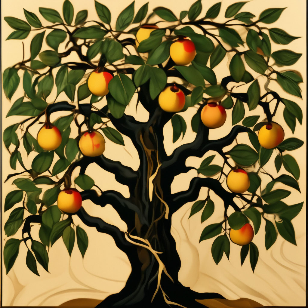 "Marquetry, apple tree with golden apples, multicolor contrast, by ...