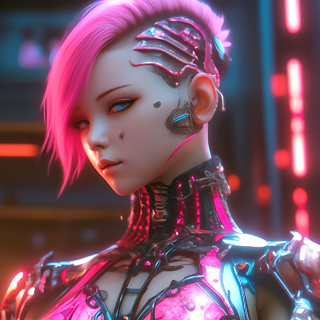 "Anime girl cyborg , glowing pink eyes ,focus on the face , red glowing ...