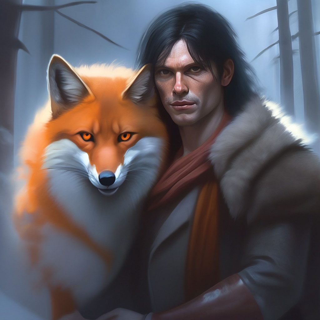 "A man, a werewolf with fox eyes" — image created in Shedevrum