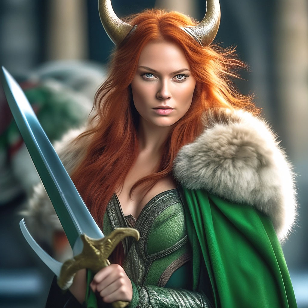 "Mythological goddess, redhead, green eyes, standing proud, sword in ...