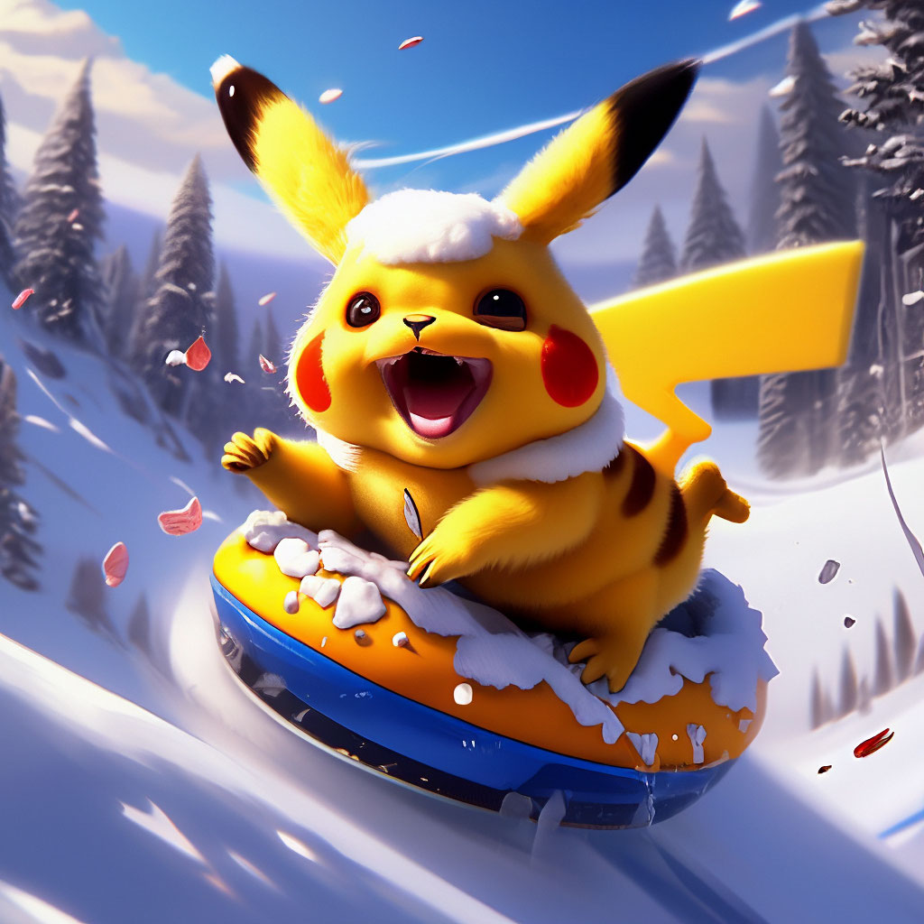 "Cute fluffy Pikachu is flying on a tube from a huge mountain, fun ...