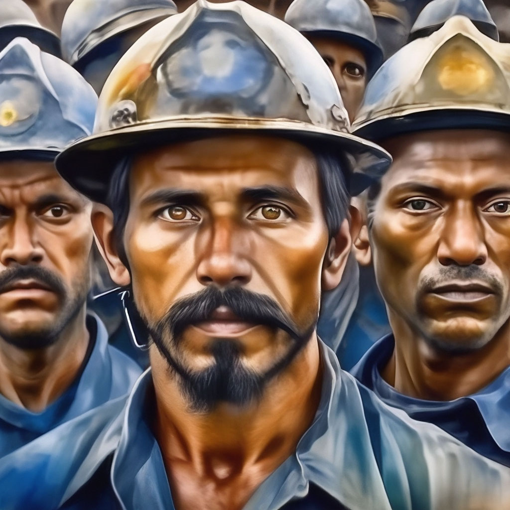 "Computer graphics, watercolor, ink drawing, a lot of men miners ...