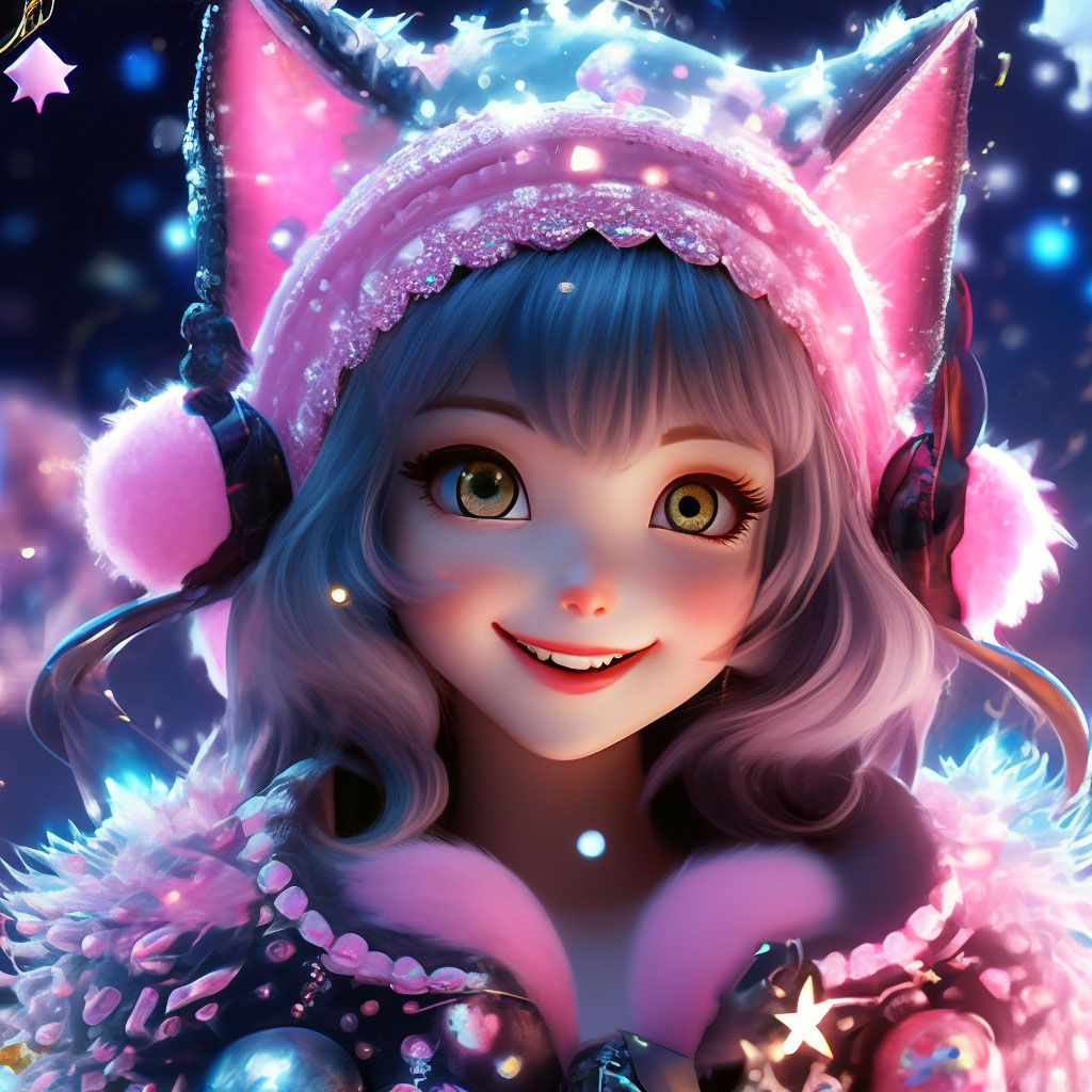 "Surrealism, cute New Year anime cat girl, smile, consists of fractals ...