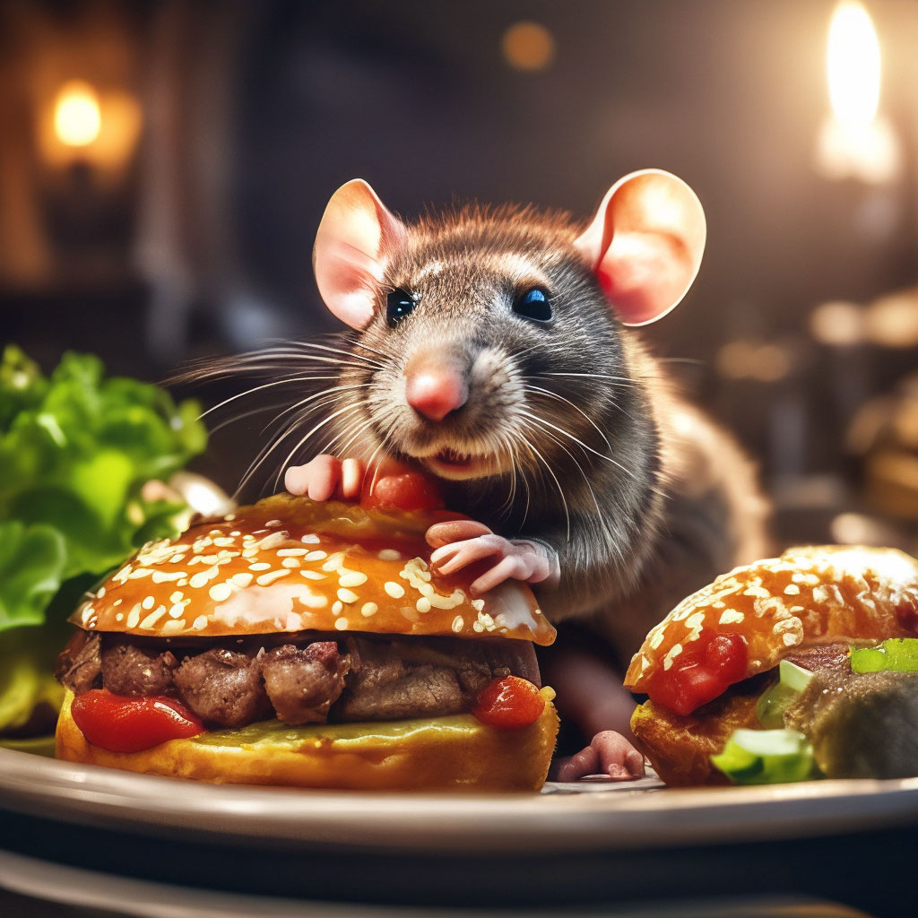 "Ratatouille rat and juicy big burger with lots of meat, beautiful rat ...