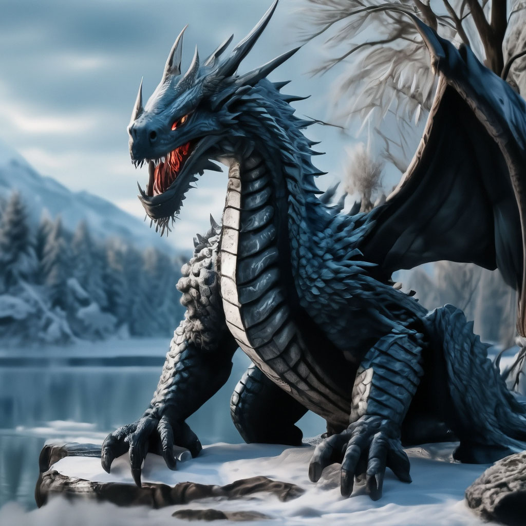 "A powerful and large ice dragon by an icy lake in the winter forest ...