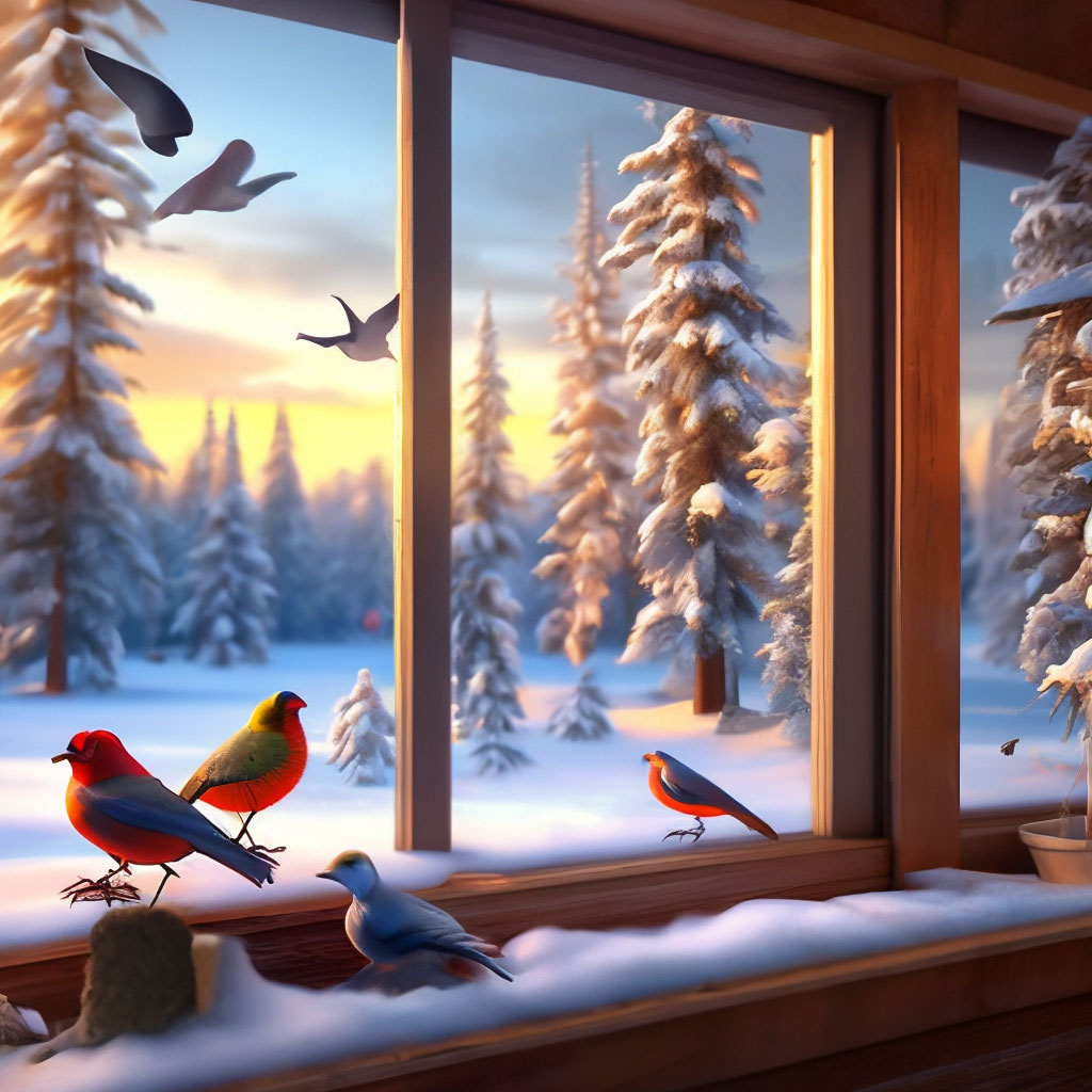 "A flock of birds outside the winter window . against the background of ...