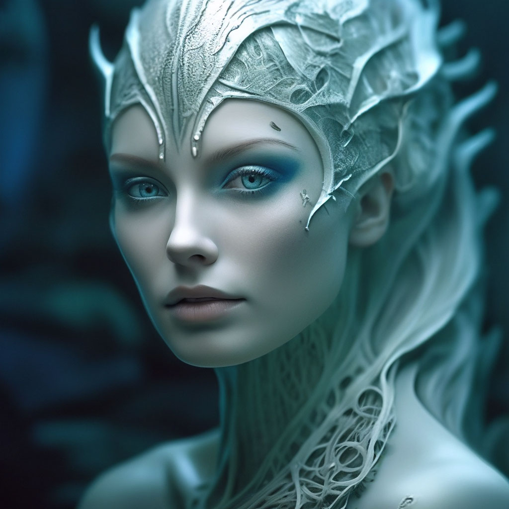 "Mermaid woman , pale skin, skin, bones visible on one side of the face ...