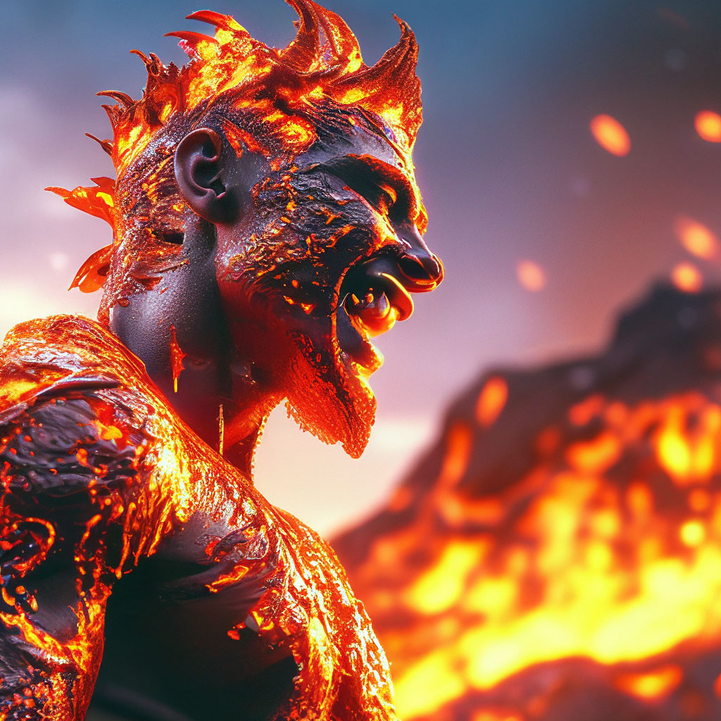 "Hyper realistic, made of fire and lava, man, beast's grin, consists of ...