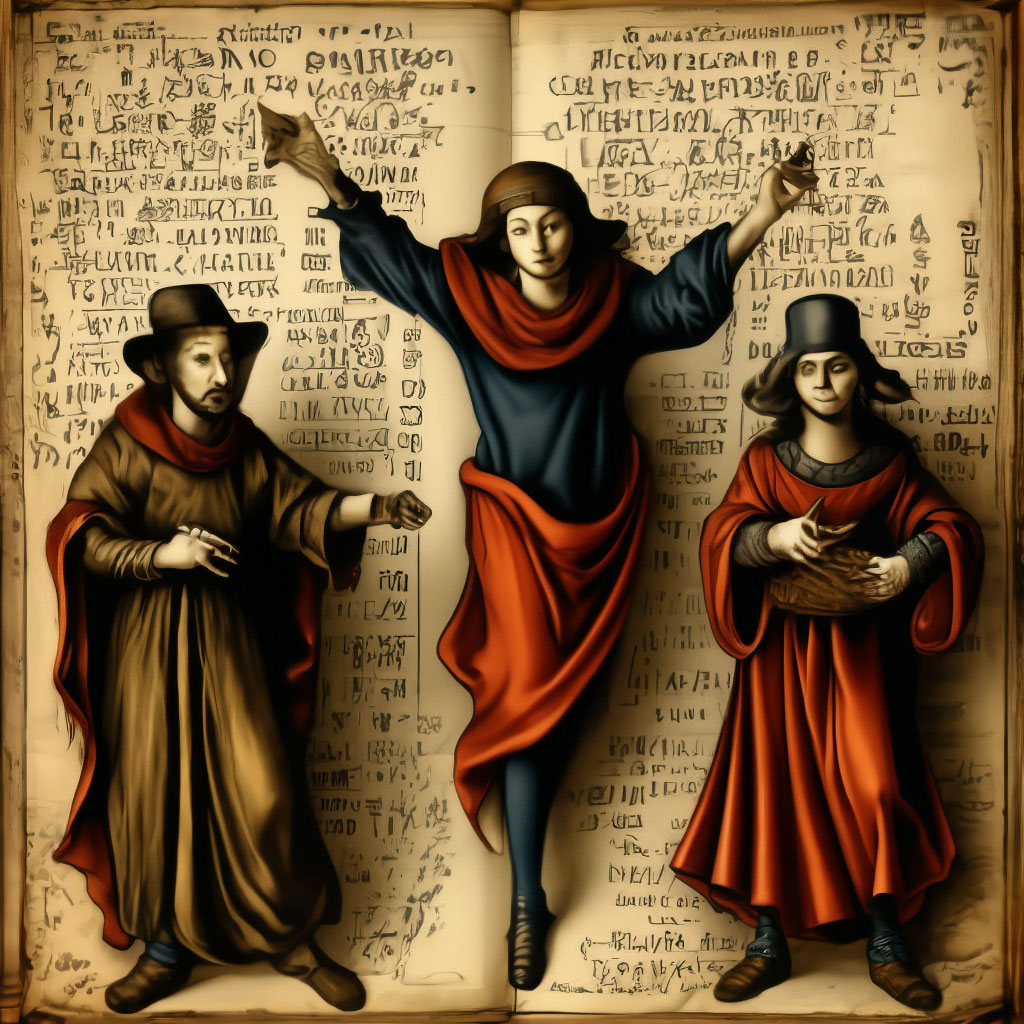 "Middle Ages drawing capital letters on aged paper with a drawing of ...
