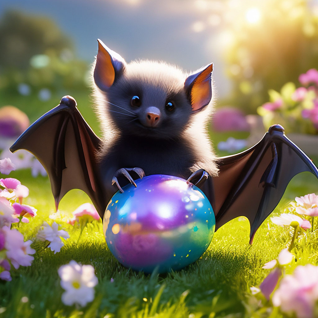 "A small super fluffy black bat with pearl wings and a halo is playing ...