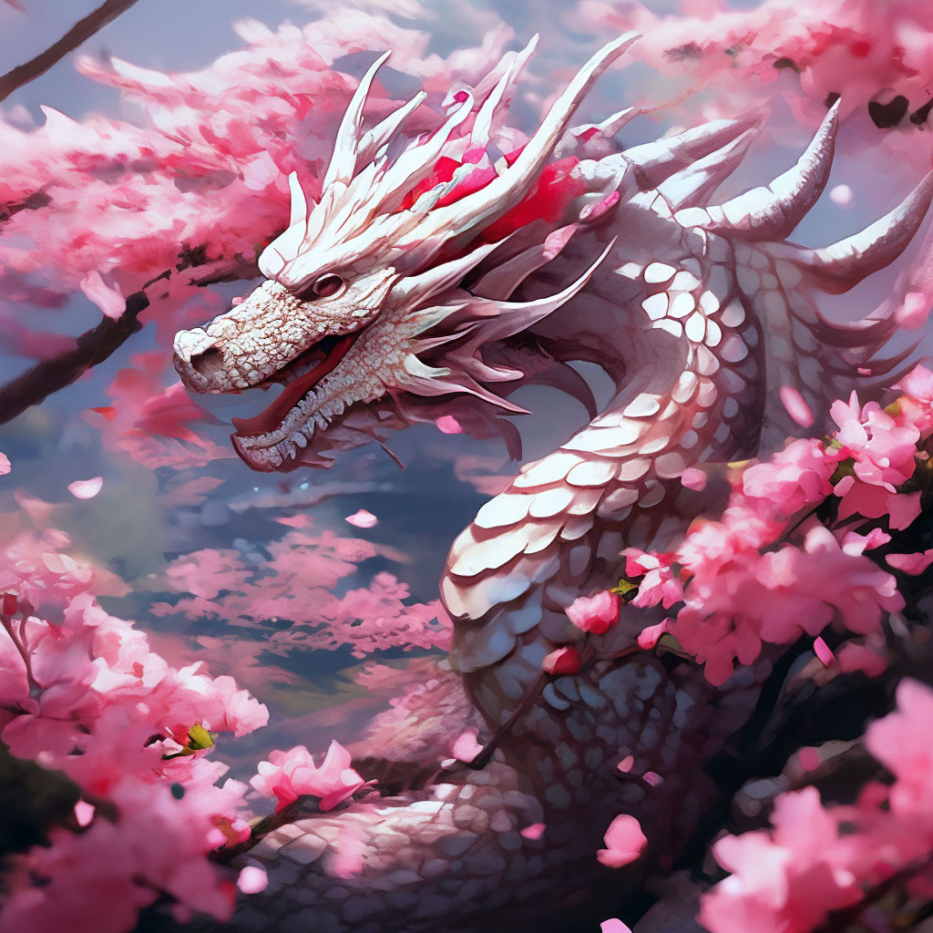 "Dragon + sakura" — image created in Shedevrum