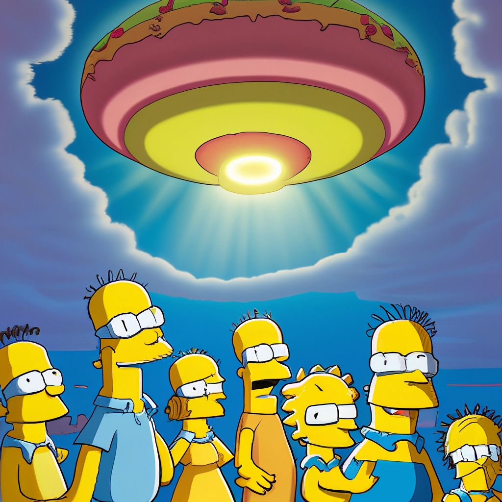 "The whole Simpsons family, smiling and looking up at a round UFO in ...