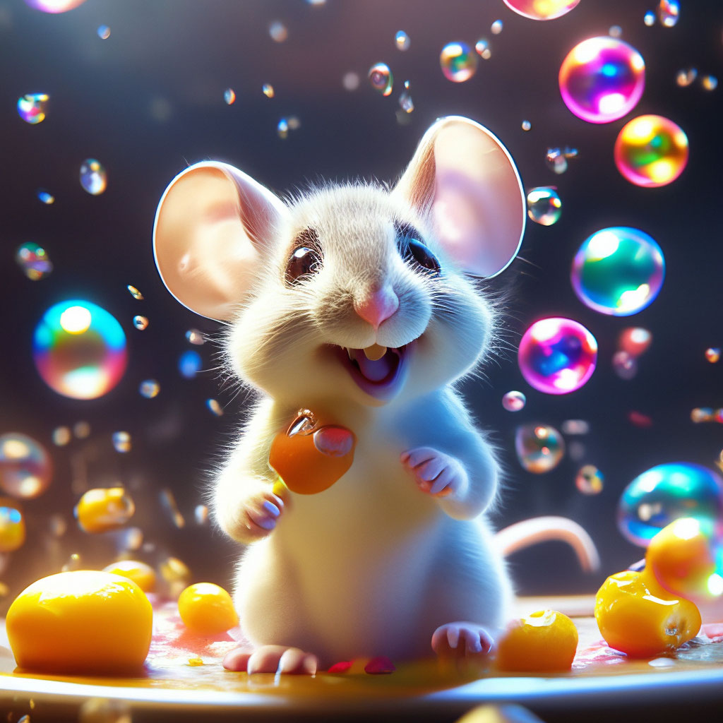 "Soap bubble, inside a little mouse, a creep mouse with cheese , lots ...