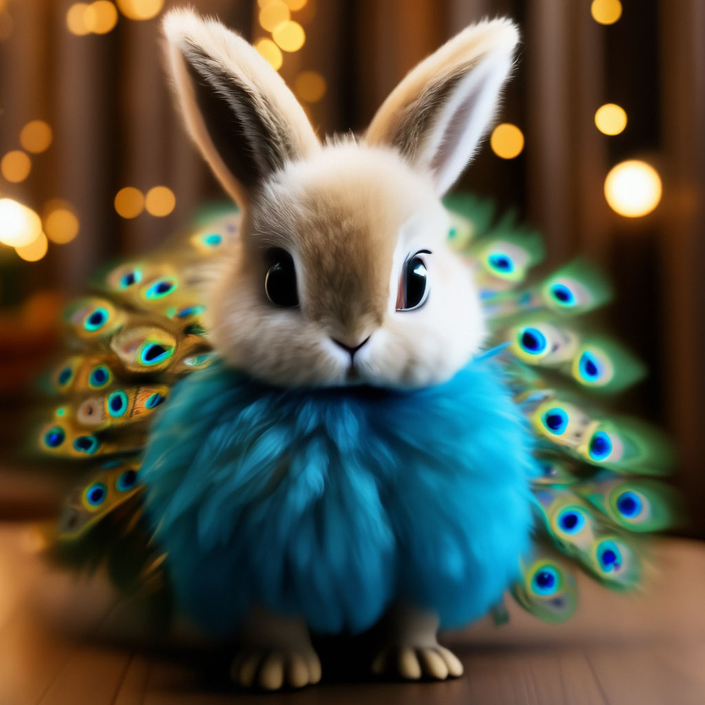 "My cute rabbit hybrid peacock big fluffy peacock tail, big cosmic eyes ...