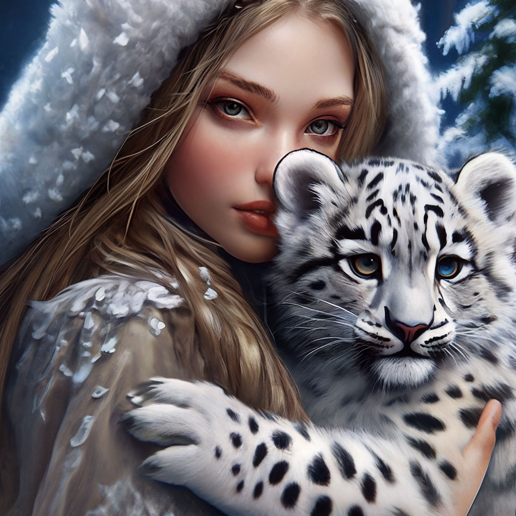 "A beautiful girl holds a beautiful snow leopard cub in her arms. the ...