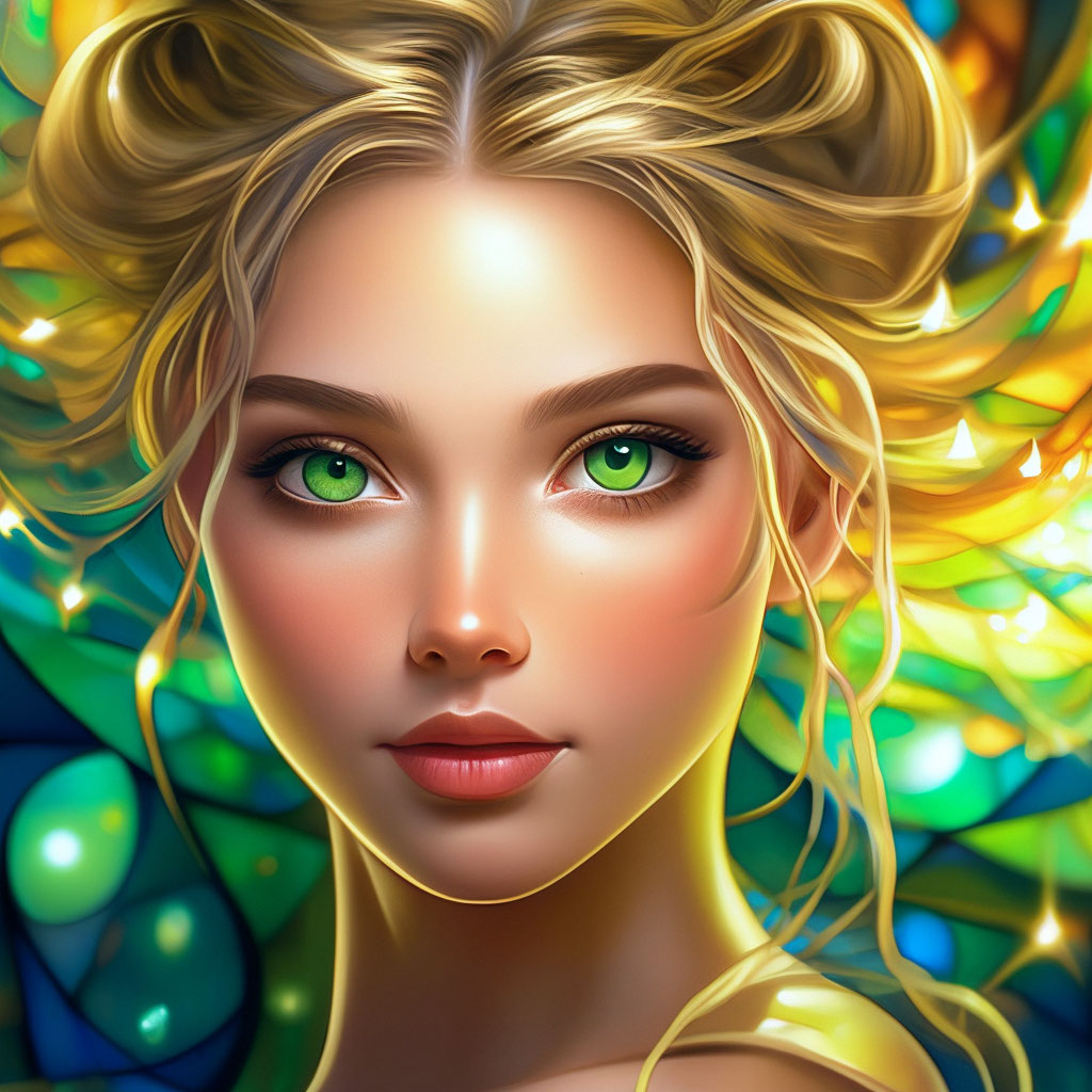 "A girl with golden curls in a bun, focus on brilliant expressive eyes ...