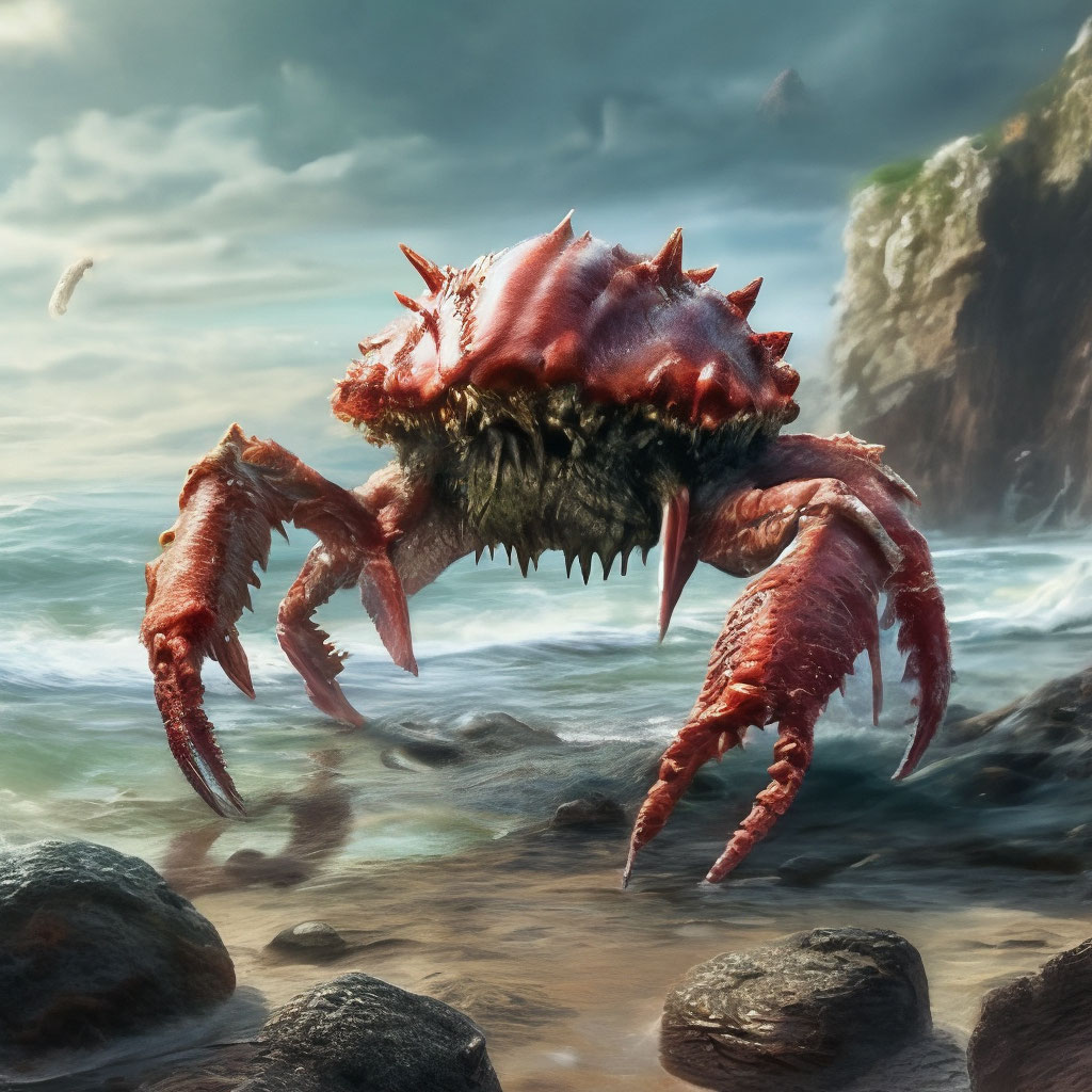 "A scary mutant crab crawled onto the shore of the rocky sea" — image ...
