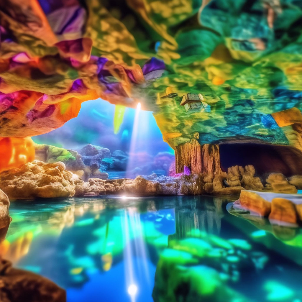 "Colorful cave, colorful diamonds everywhere, a small lake from below ...