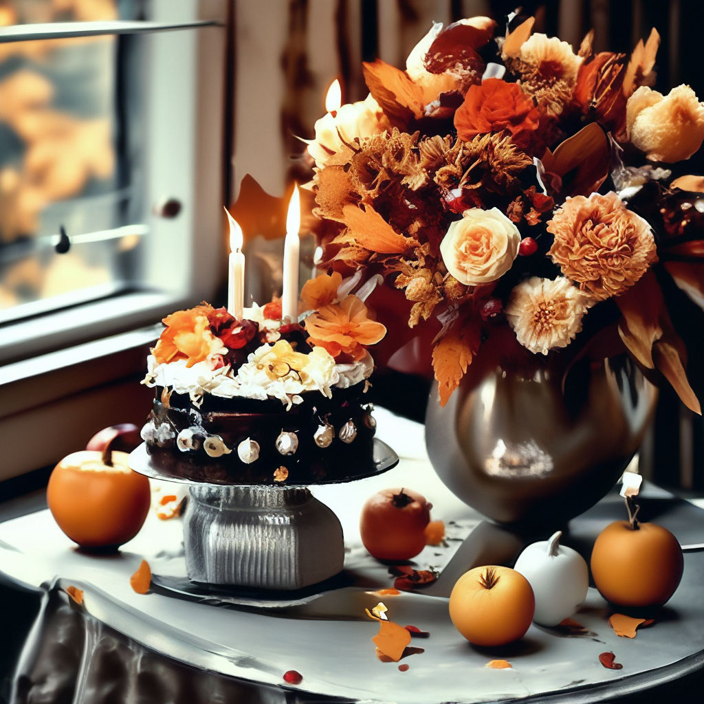 "Birthday autumn, diamonds, cake. gifts, flowers 💐" — image created in ...