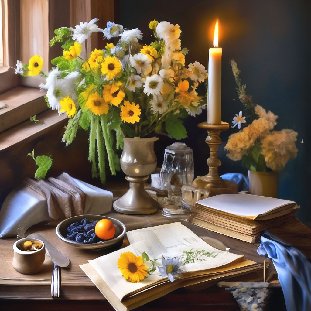 "Still life :books, letters, sheet music, beautiful candelabra, bouquet ...