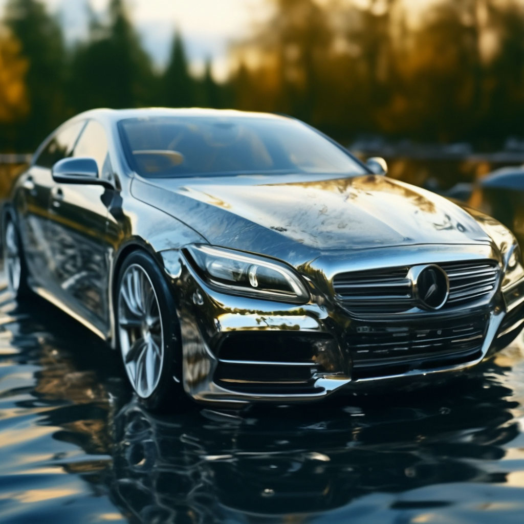"Fully transparent glass car, water glare, high detail, nature ...