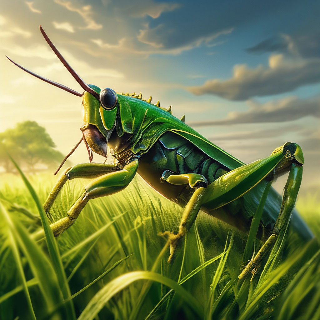 "A huge grasshopper locust eats green grass" — image created in Shedevrum