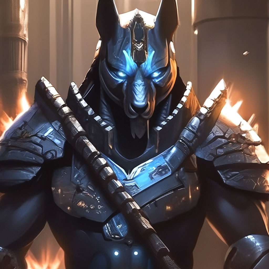 "Anubis, in combat black armor, with weapons in his hands, realism ...
