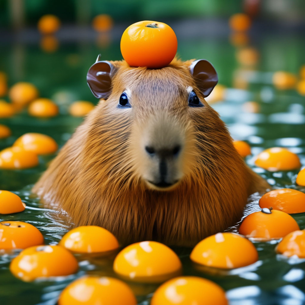 "Capybara bathes in oranges and has oranges on her head" — image ...