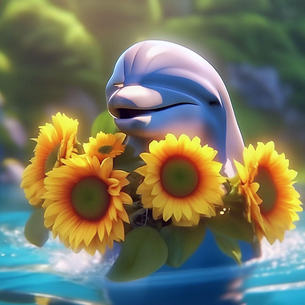 "A cute little dolphin, swam and in his mouth a bouquet of sunflower ...