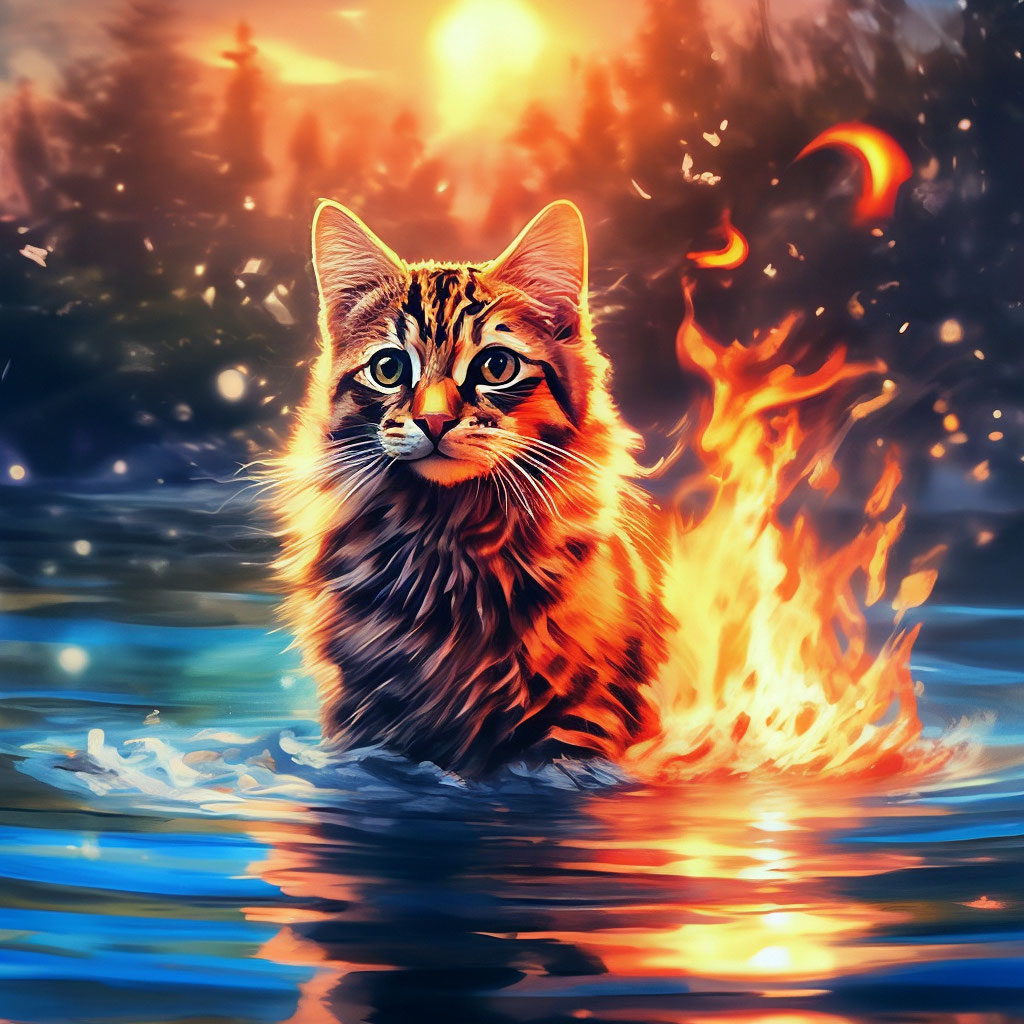 "Cat with fire and dog with water beauty" — image created in Shedevrum