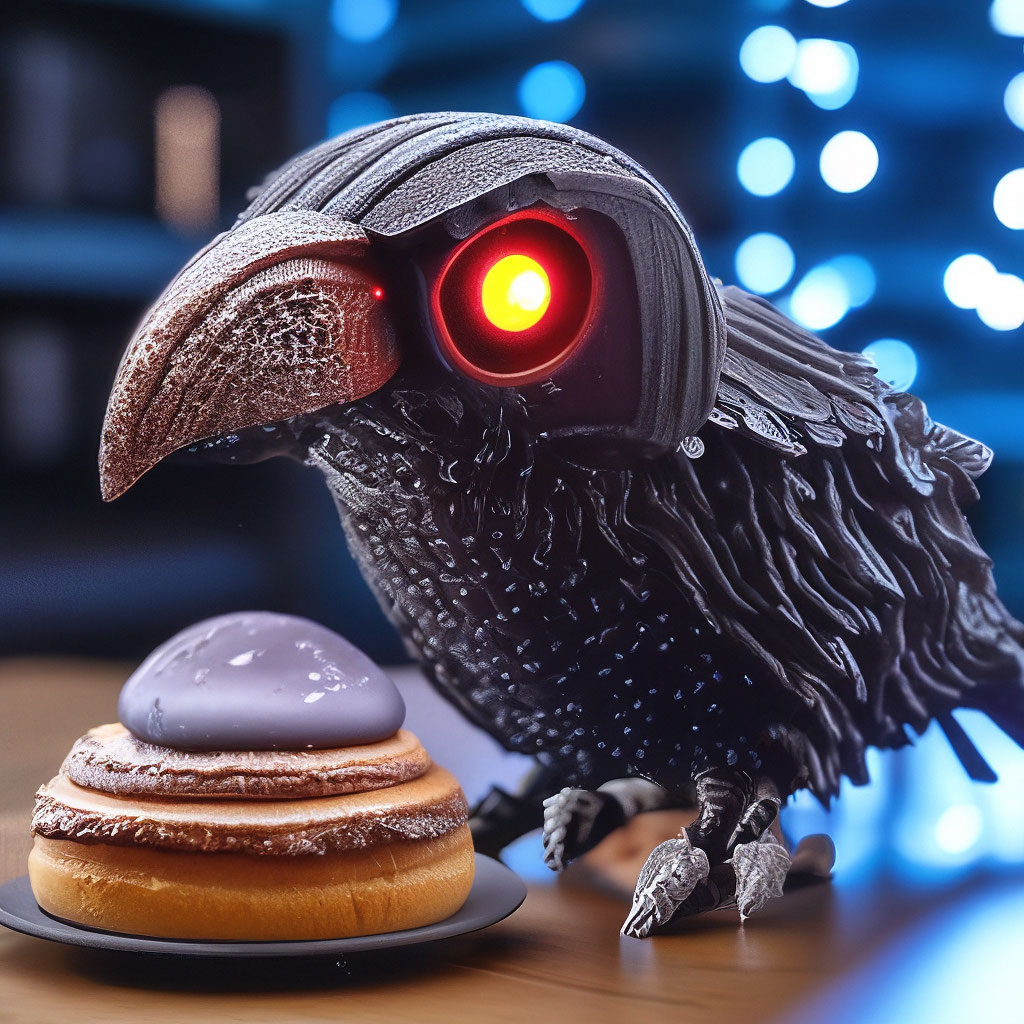 "LED crow with big eyes made of eclairs in the form of a deichonychus ...