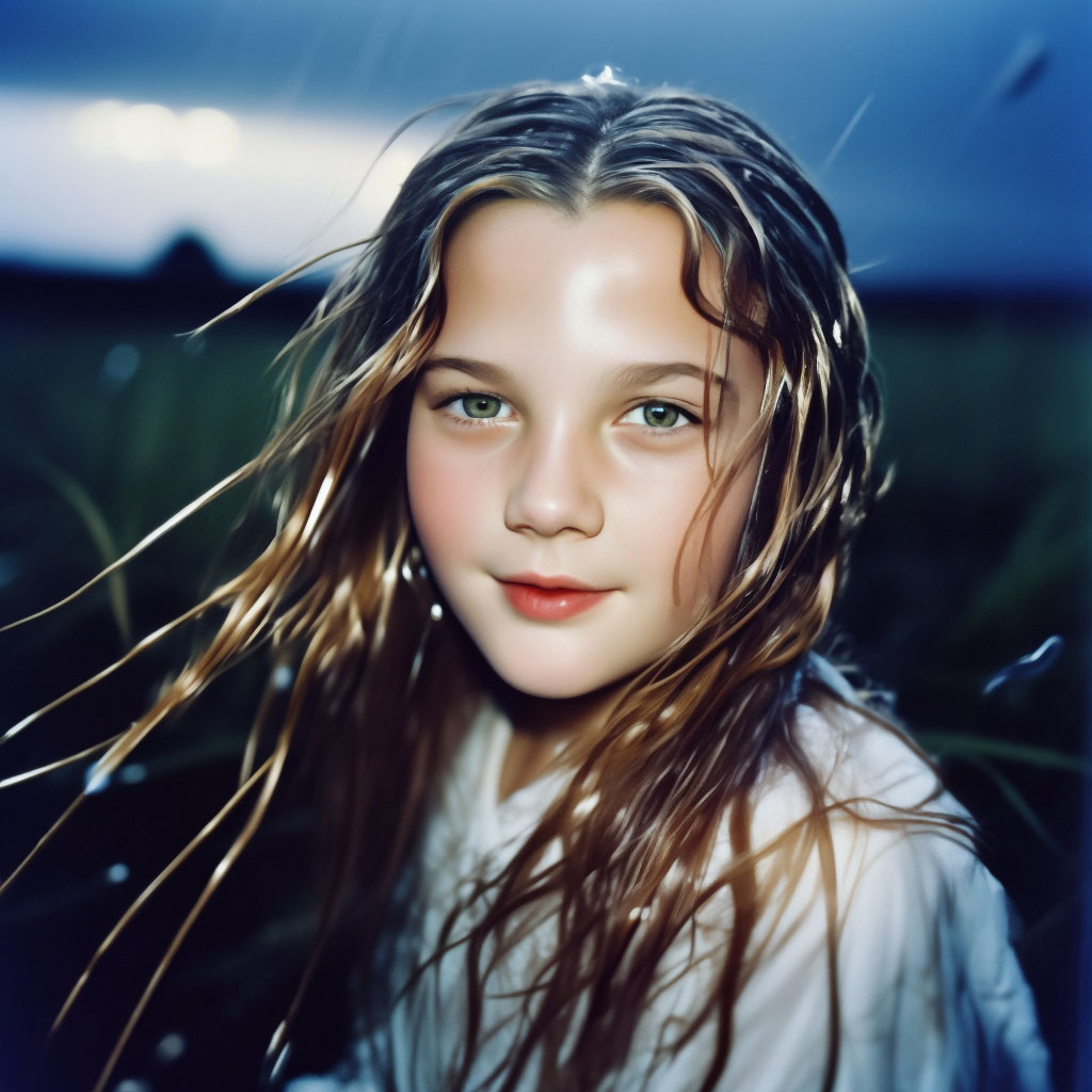 "Happy drew barrymore 12 years old,flash in the field at night, bright ...