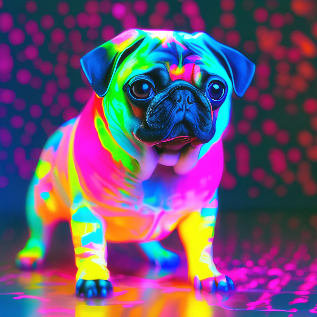 "Neon multicolored pug" — image created in Shedevrum